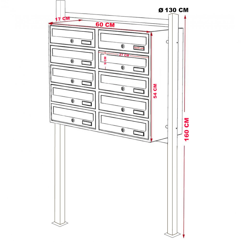 Cassetta postale condominiale 10 posti con supporto 160x60x17 cm BIANCO