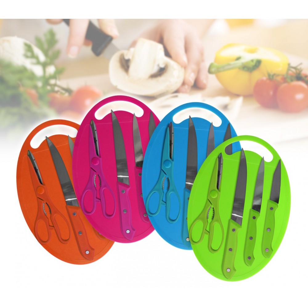 Set coltelli con forbice e tagliere in plastica colorati per